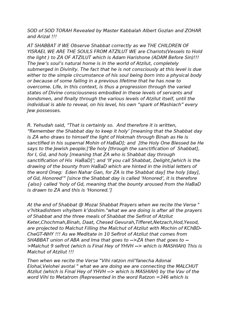 SOD of SOD TORAH Revealed by Master Kabbalah Albert Gozlan and ZOHAR | PDF | Shabbat ...