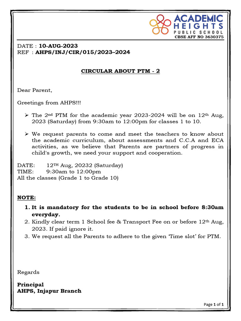 AHPS 2nd PTM Notice for Parents 2023 | PDF