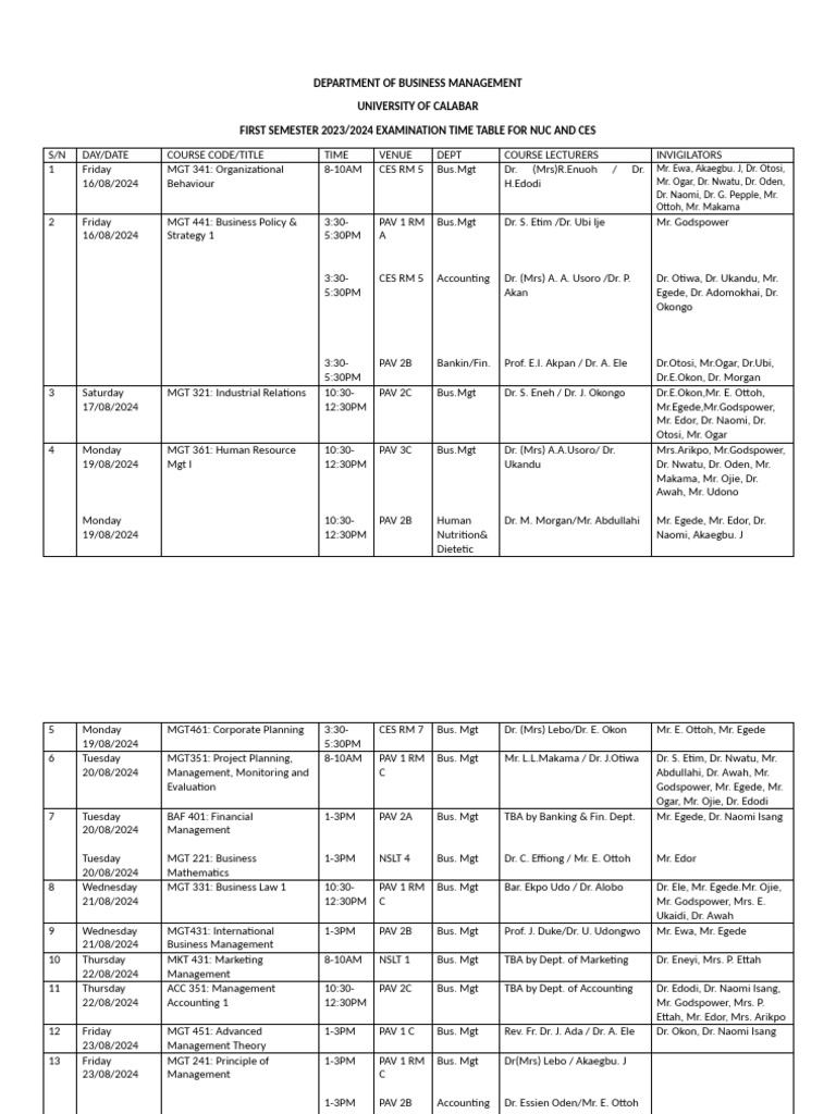 Exam Time-Table FIRST 24 | PDF