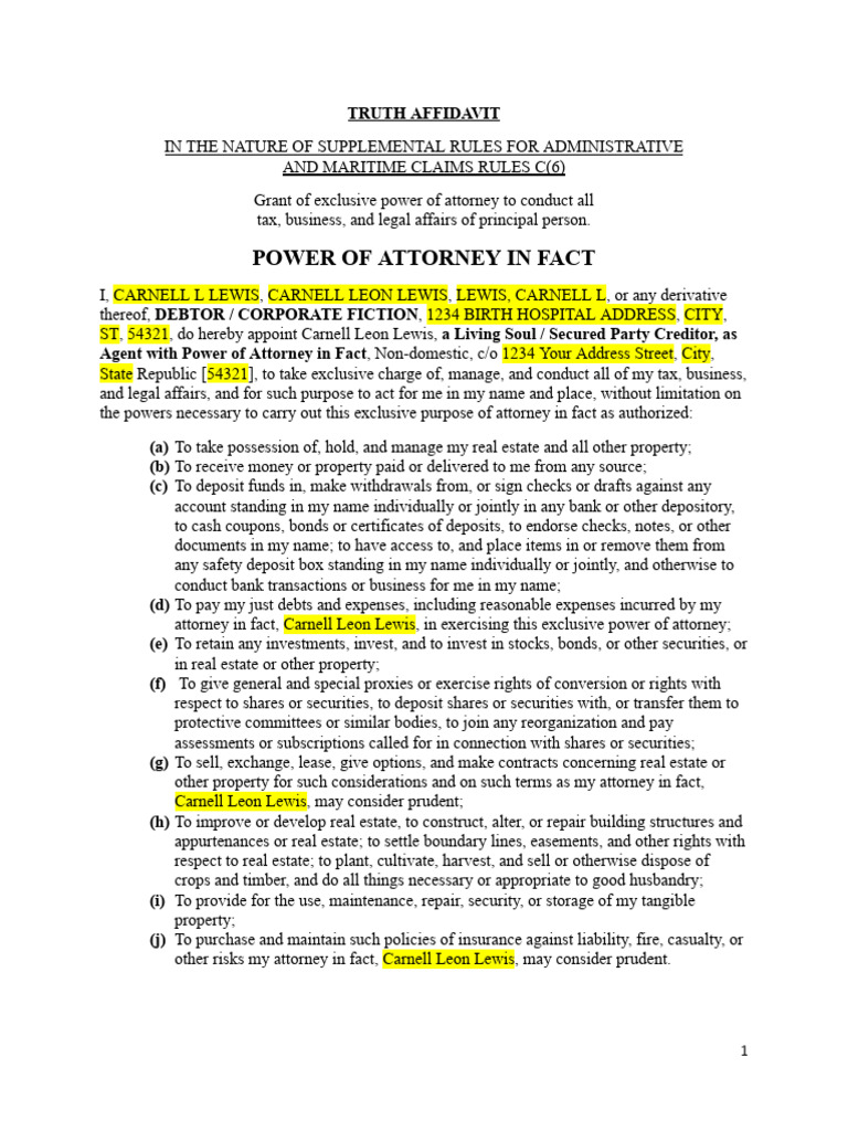 Power-of-Attorney Truth Affidavit | PDF | Power Of Attorney | Private Law