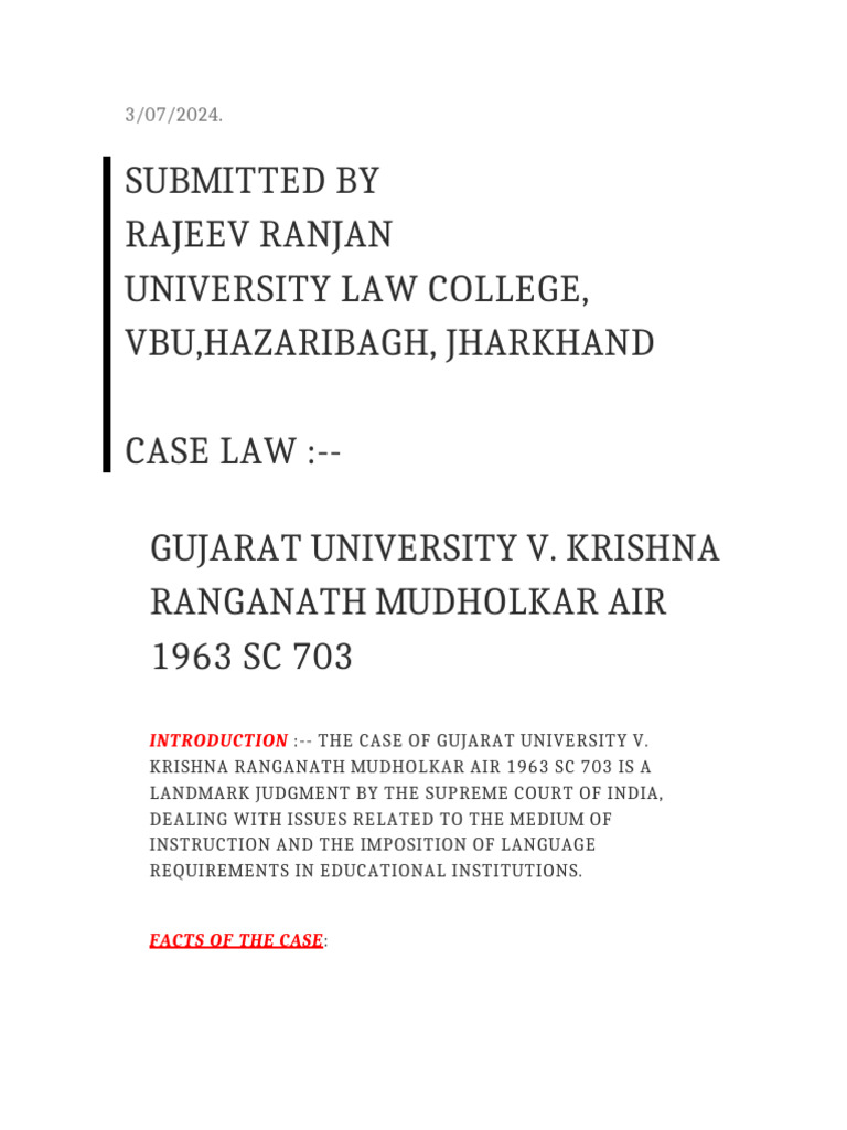 Gujarat University Case: Language Rights | PDF | Appeal | Fundamental ...