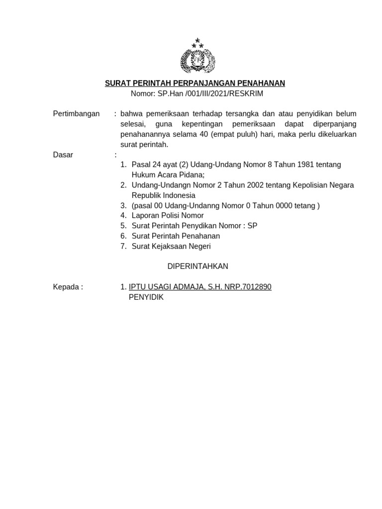 Surat Perintah Perpanjangan Penahanan | PDF