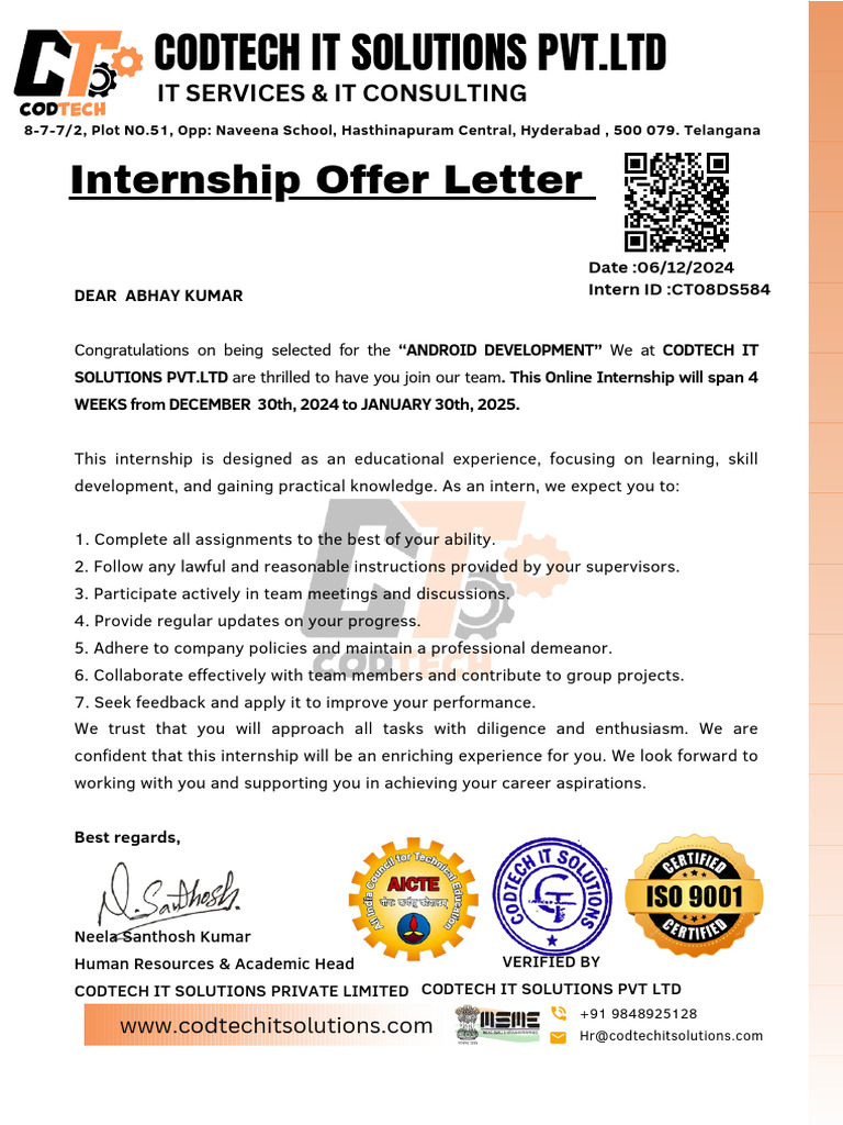 Codtech It Solutions PVT - LTD: Internship Offer Letter | PDF