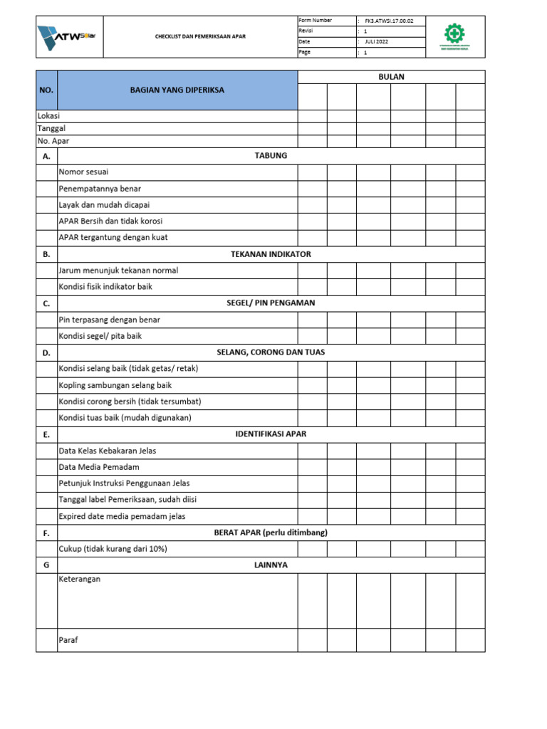 Fk3.atwsi.17.00.02 Checklist Dan Pemeriksaan Apar | PDF