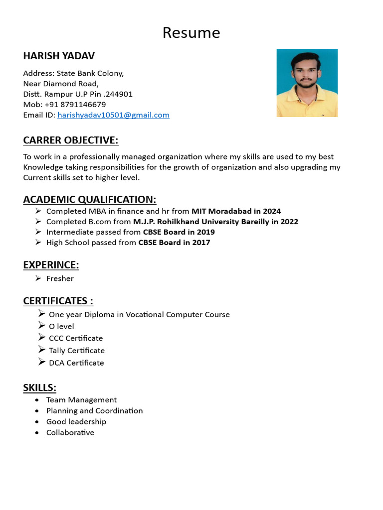 CV Harish Yadav | PDF