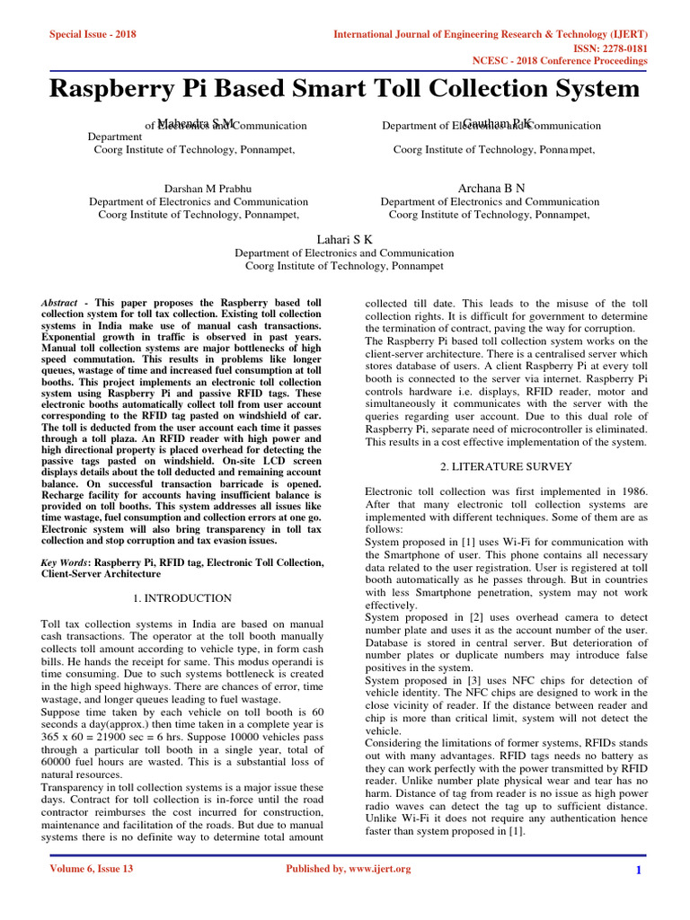 IJERT Raspberry Pi Based Smart Toll Coll | PDF | Radio Frequency ...