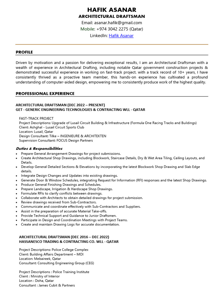 Architectural Draftsman Profile | PDF | Technical Drawing | Engineering