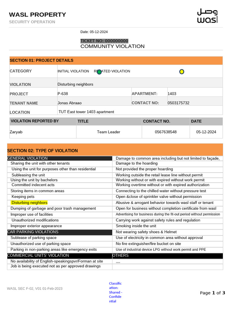 Violation Report P638 Unit1403 Disturbing Neighbours 07-12-2024 | PDF | Lease