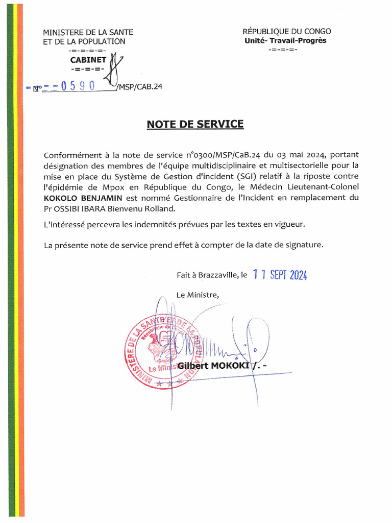 Note de Service Portant Nomination de L'incident Manager Du Sgi Mpox ...
