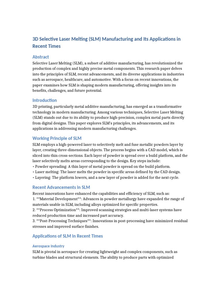 Paper on SLM | PDF | 3 D Printing | Physical Sciences