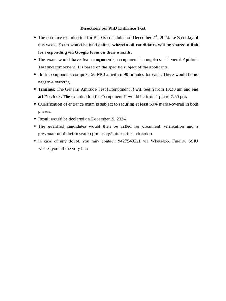 PhD Entrance Test Guidelines 2024 | PDF