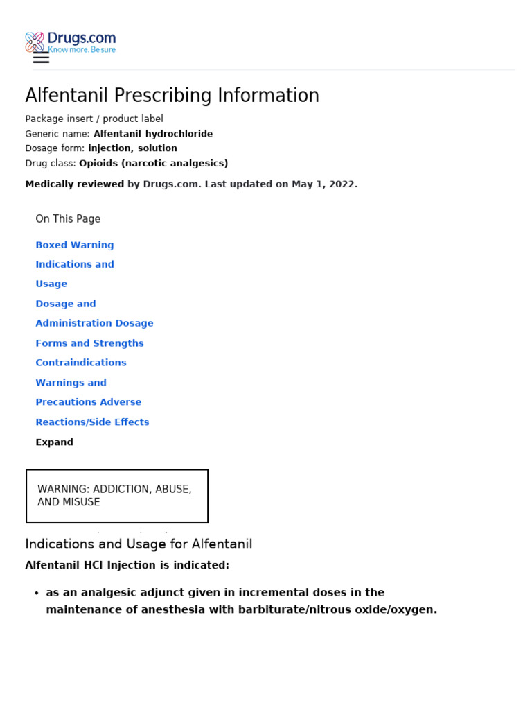 Alfentanil - Package Insert - Prescribing Information - Drugs4 | PDF | Anesthesia | Opioid