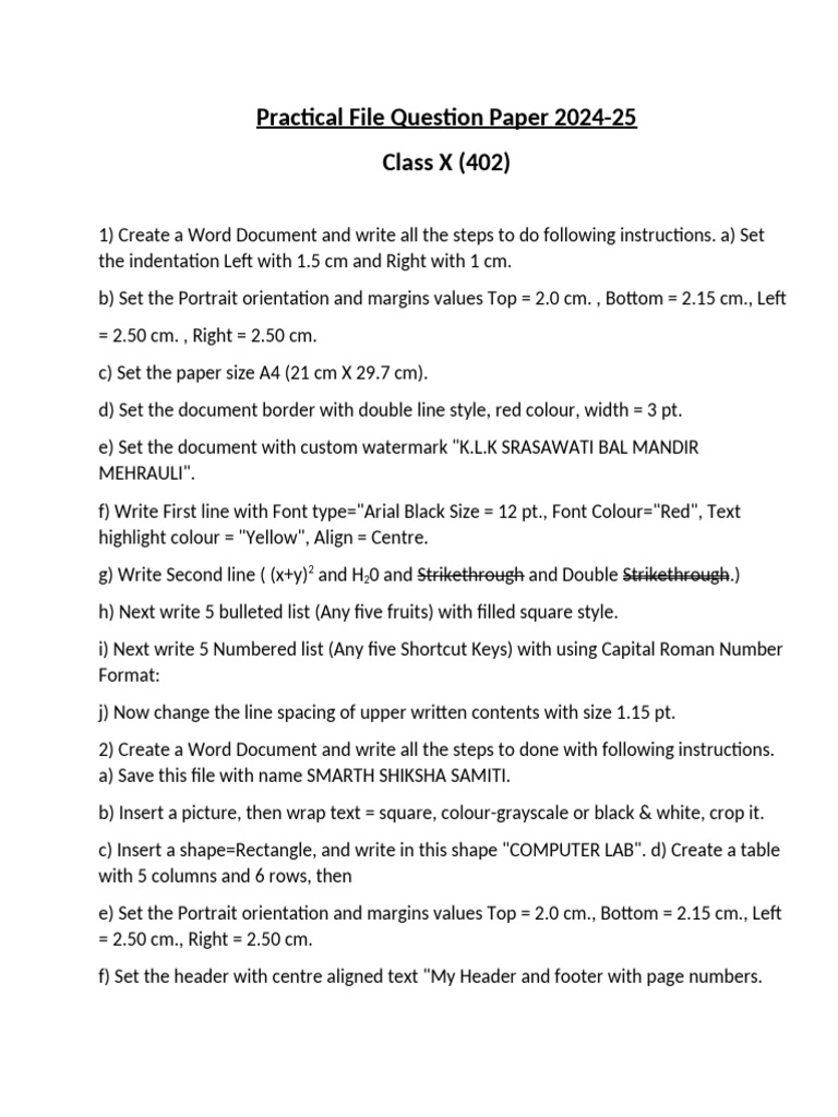 CLASS X Practical File Question Paper 2024-2025 | PDF | Microsoft Excel | Microsoft Word
