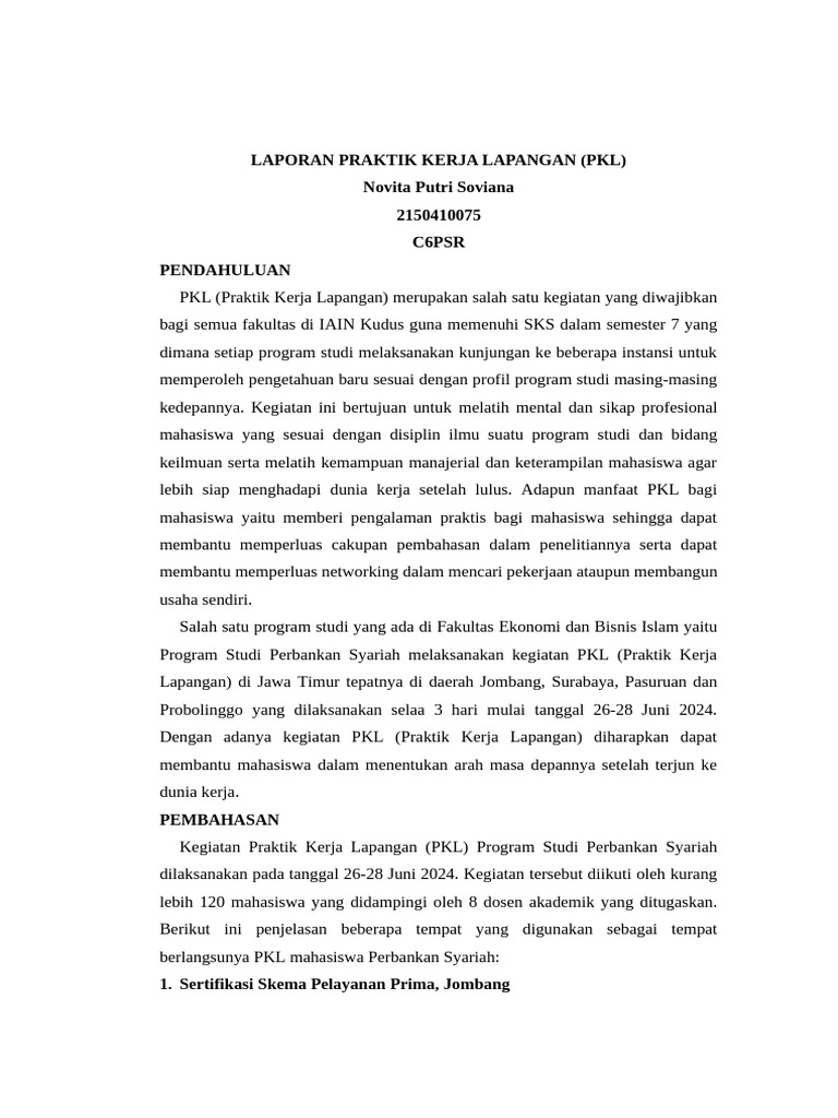 Laporan PKL - Novita Putri Soviana - C6PSR - 075 | PDF