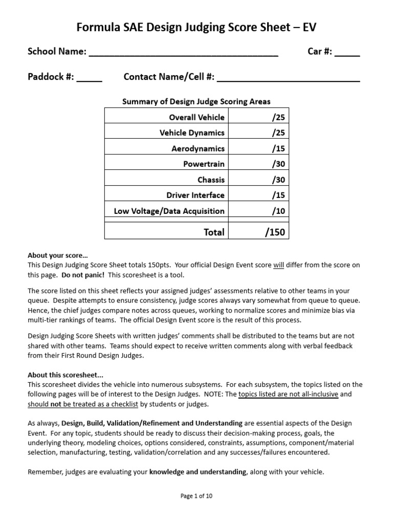 FSAE Design Judging Score Sheet | PDF | Wind Tunnel | Mechanical ...