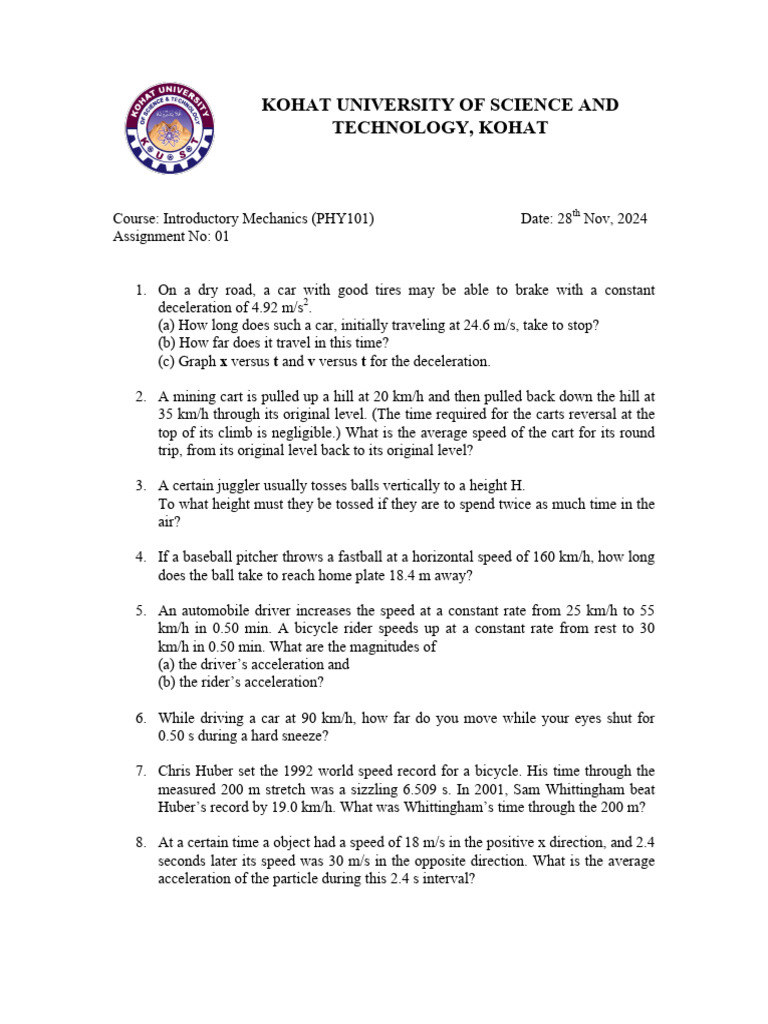 Introductory Mechanics Assignment PHY101 | PDF | Acceleration | Speed