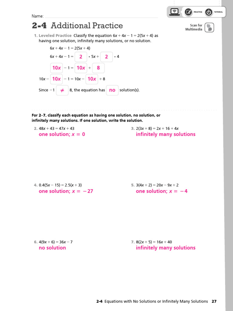 Equations With No Solutions or Infinitely Many Solutions Lesson (2-4) Pages (107-120) AP | PDF ...
