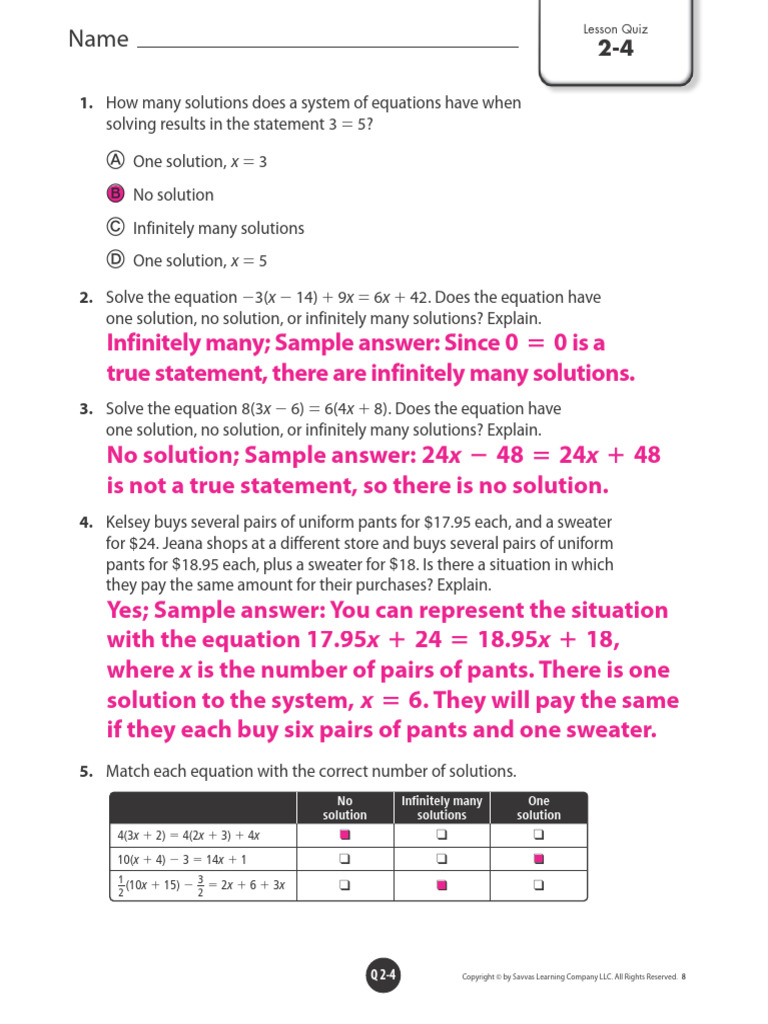 Equations with No Solutions or Infinitely Many Solutions Lesson (2-4 ...