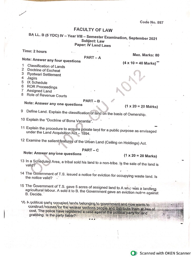 Question Paper Land Laws 8th Sem | PDF