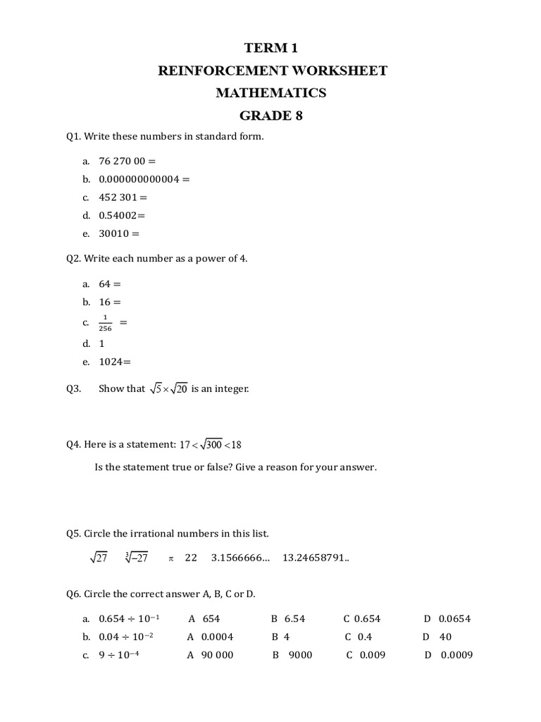 GR 8 - MATHS TERM 1 REINFORCEMENT WORKSHEET | PDF