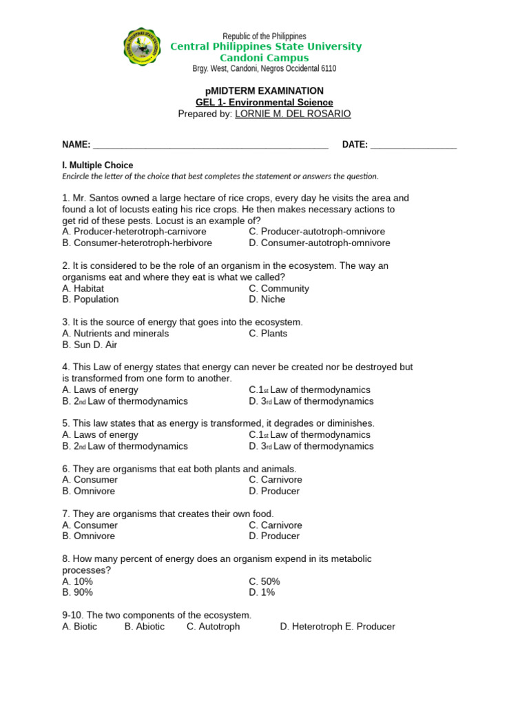 ENVI SCI EXAM | PDF | Ecosystem | Primary Production