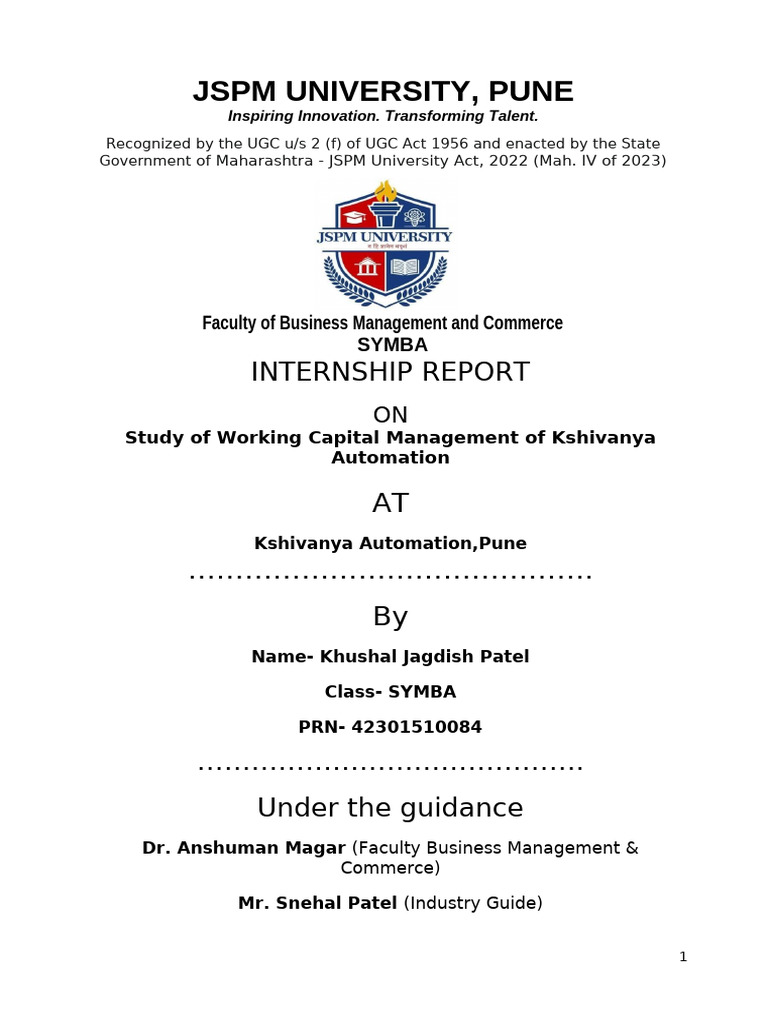 WCM Internship Report Khushal Patel Sem 3 | PDF | Working Capital ...