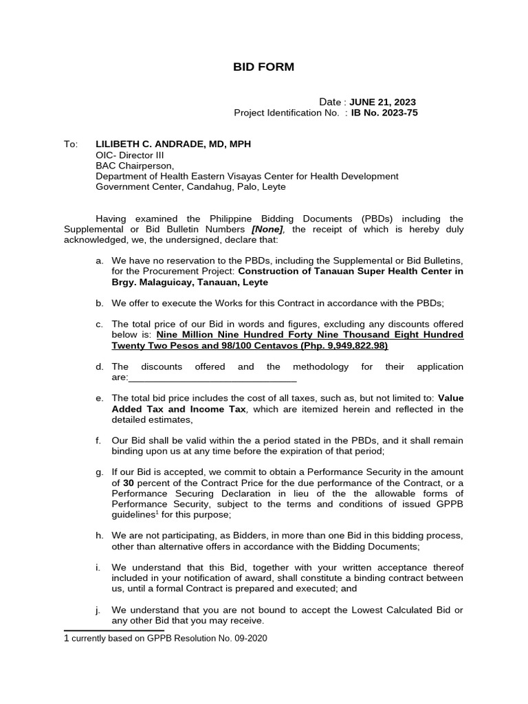 Bid Form for the Procurement of Infrastructure Projects | PDF