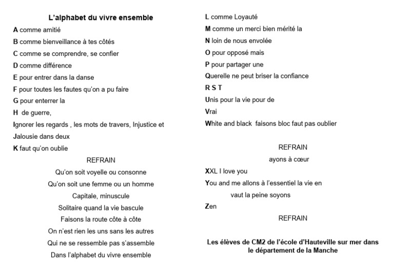 Alphabet du Vivre Ensemble : Paroles | PDF