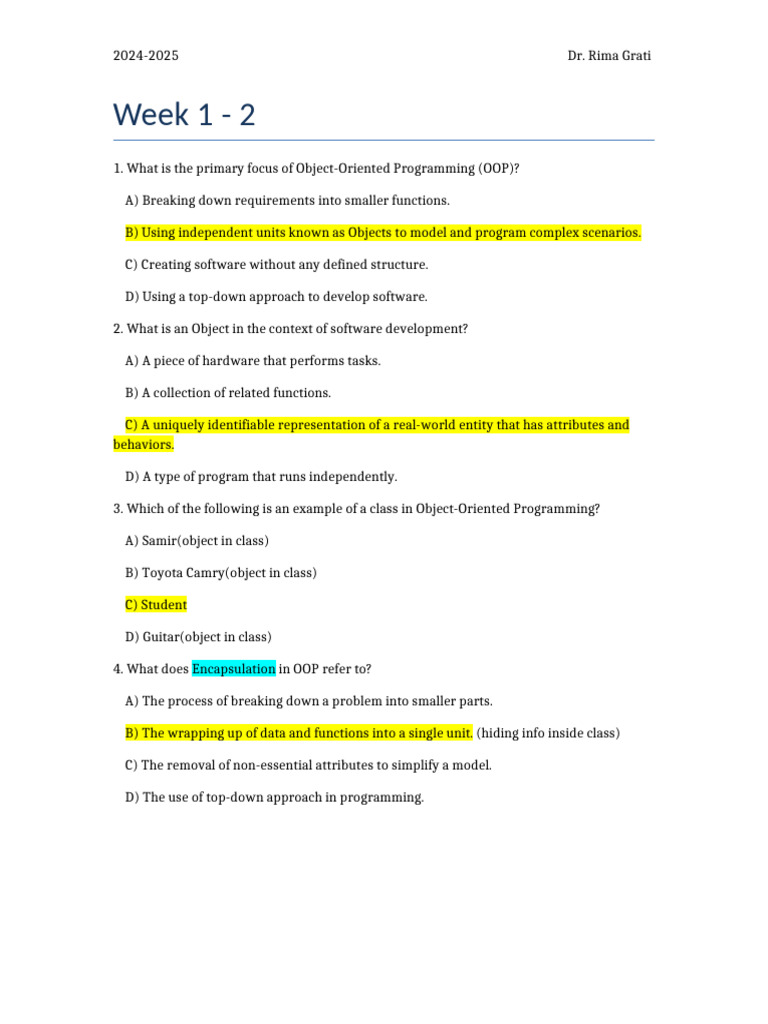 Week 2 Fall 2024 OOP_MCQ | PDF | Object Oriented Programming | Class (Computer Programming)
