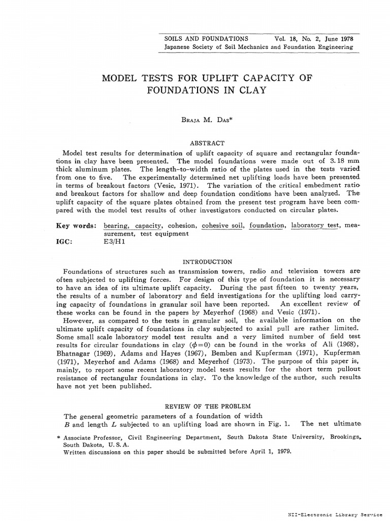 Model Tests for Uplift Capacity of Foundations in Clay | PDF