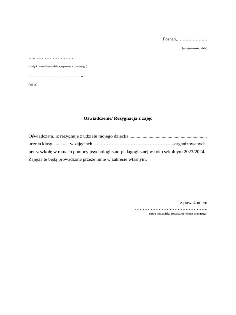 Rezygnacja Z Zajęć - Zakres Własny | PDF