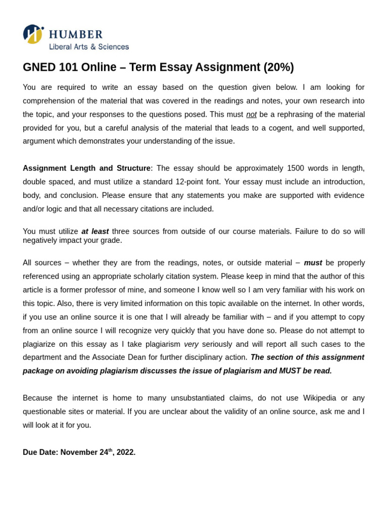 GNED 101 - Term Essay Assignment | PDF | Plagiarism | Essays