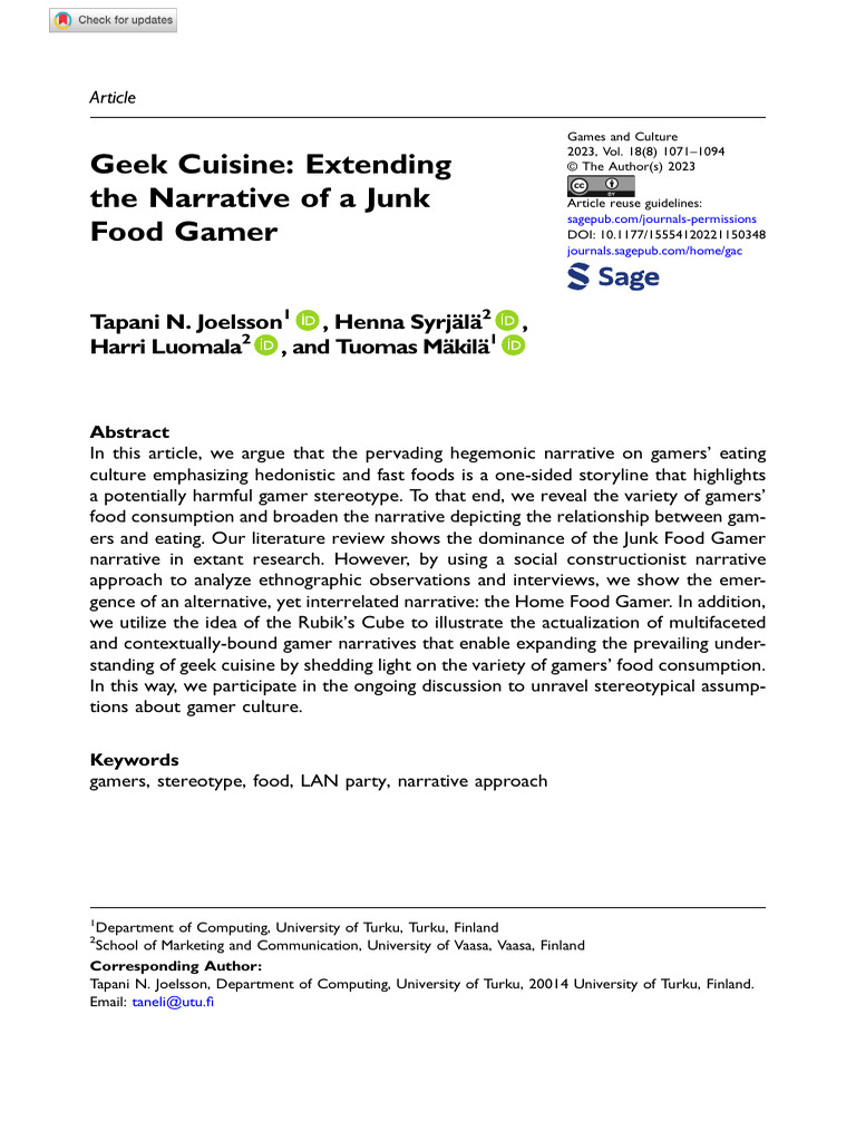 Joelsson Et Al 2023 Geek Cuisine Extending The Narrative of A Junk Food ...