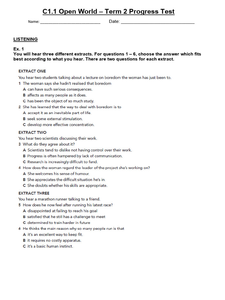 C1.1 Open World Term 2 Exam | PDF | Linguistic Typology | Language ...