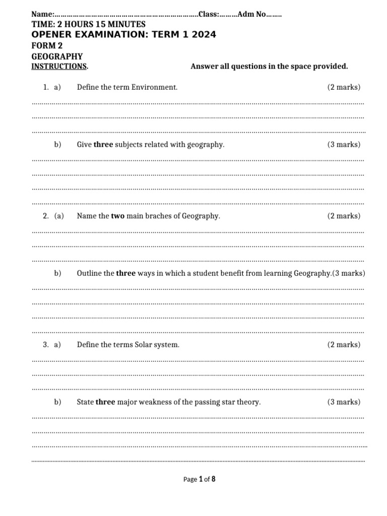 Geography F2 Exam Term 1 QN | PDF | Orbital Inclination