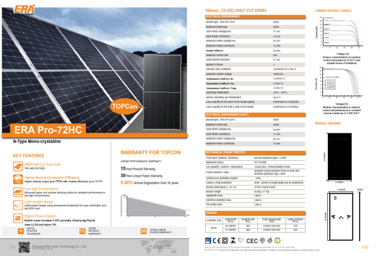 ERA Pro-72HC 585W Solar Panel Datasheet | PDF | Solar Cell | Pallet