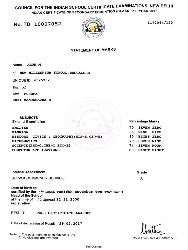 Tenth Marksheet (1) | PDF