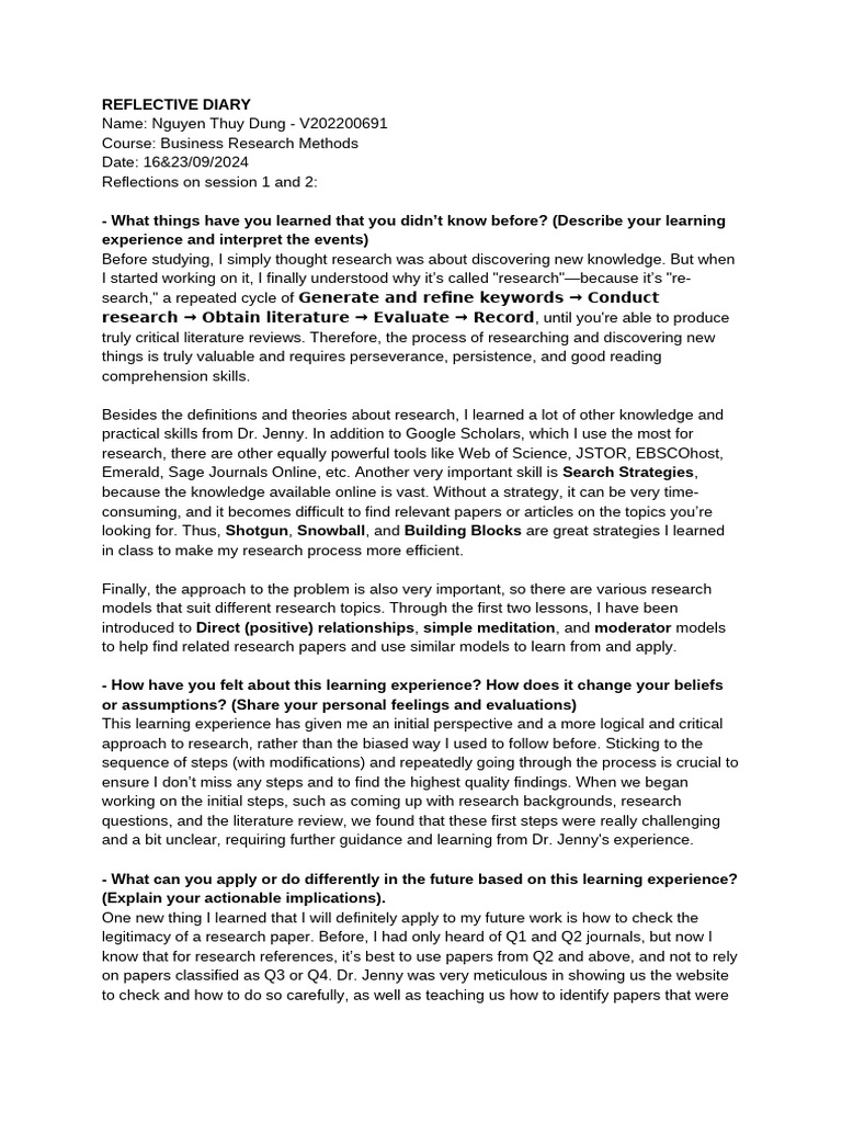 NGUYEN THUY DUNG - REFLECTIVE DIARY WEEK 1&2 | PDF | Knowledge | Experience