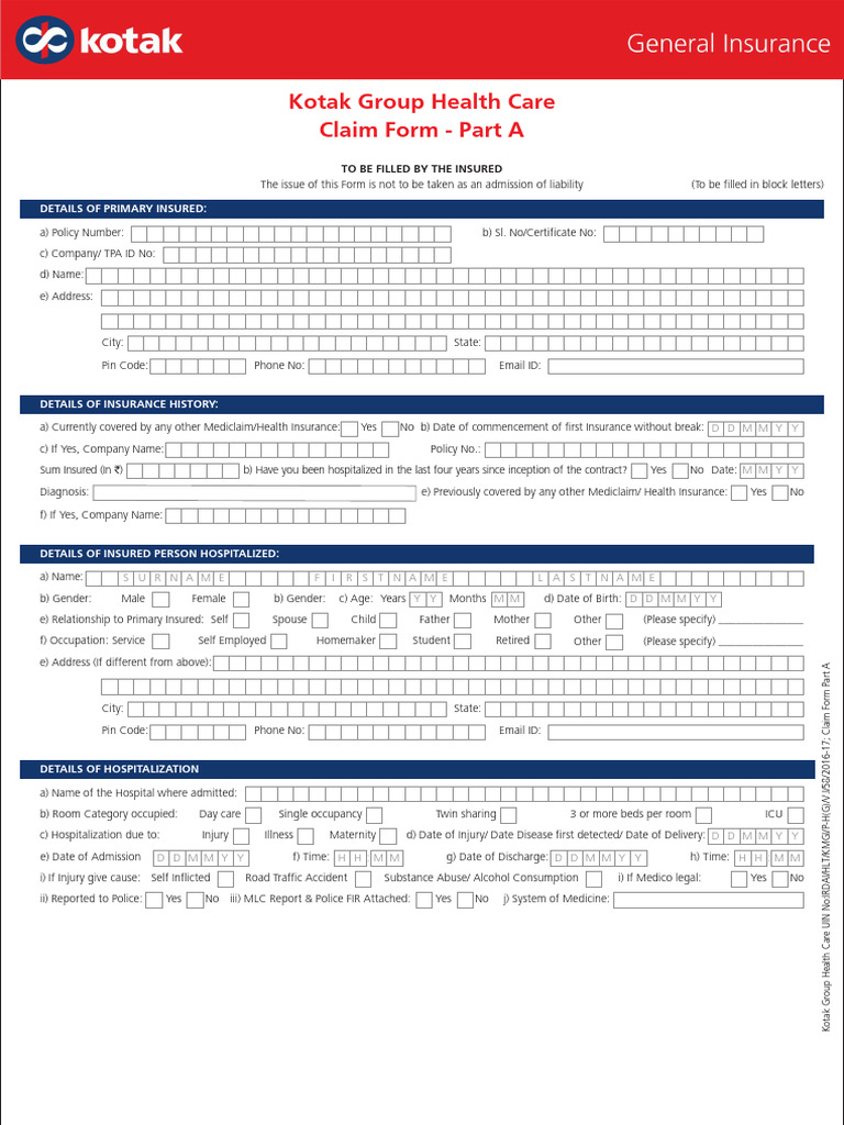 Kotak Group Health Care - Claim Form A | PDF | Insurance | Hospital