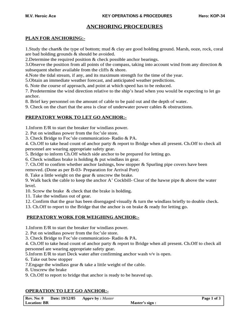 M.V. Heroic Ace Anchoring Procedures | PDF | Anchor | Water Transport