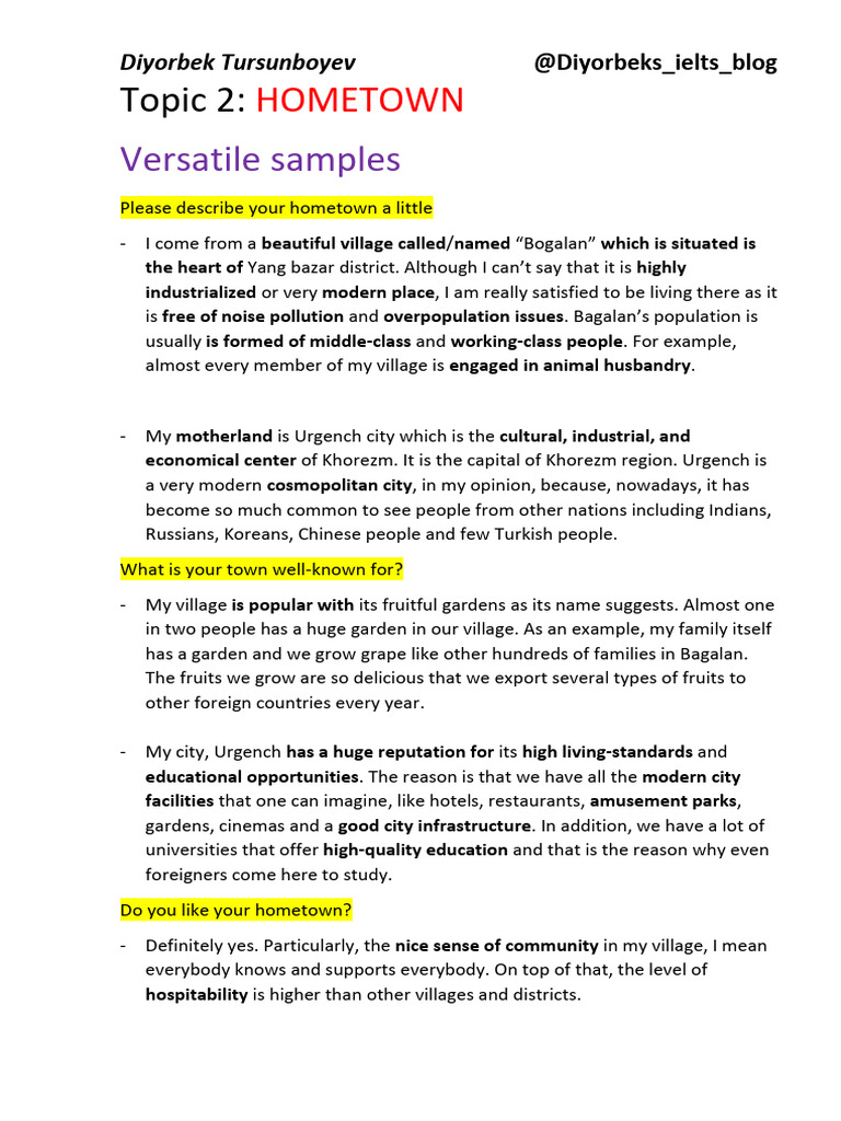 PART 1 - Topic 2 - Hometown | PDF