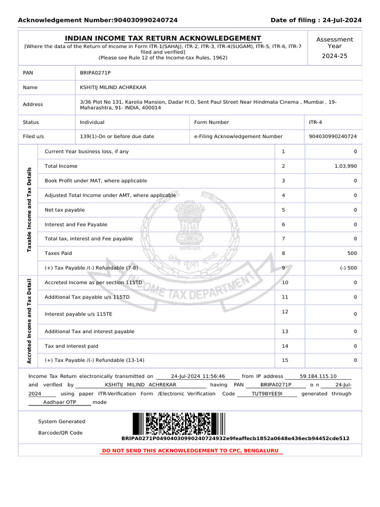 Income Tax Return Acknowledgement 2024 | PDF | Taxes | Income Tax