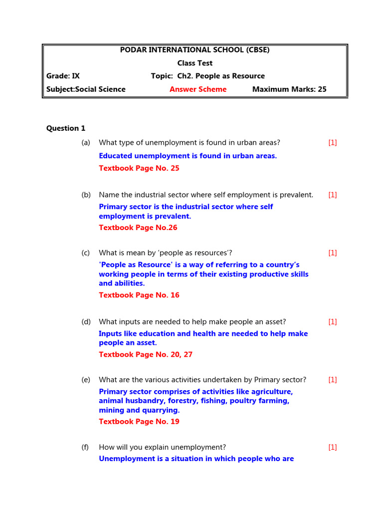AS - CBSE - IX - SS - CH 2 - People As Resource - Class Test | PDF ...
