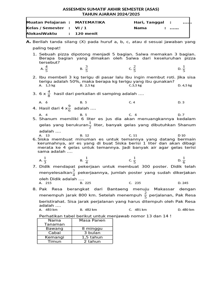 Soal SAS MTK Kls 6 | PDF