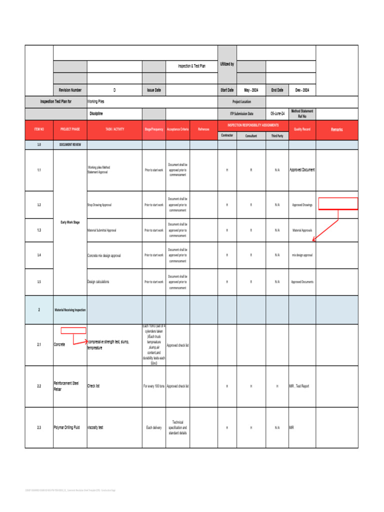 Inspection and Test Plan For Working Piles | PDF | Specification ...