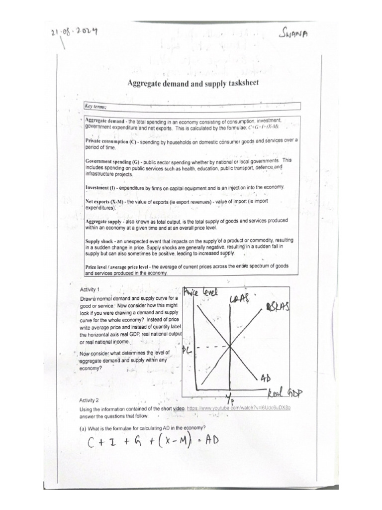 Aggregate Demand and Supply Tasksheet | PDF