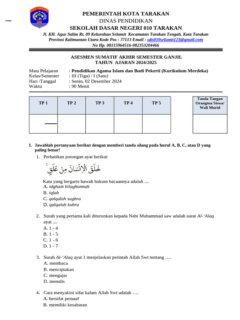 Soal Sas Kelas 3 Ganjil 2024 | PDF