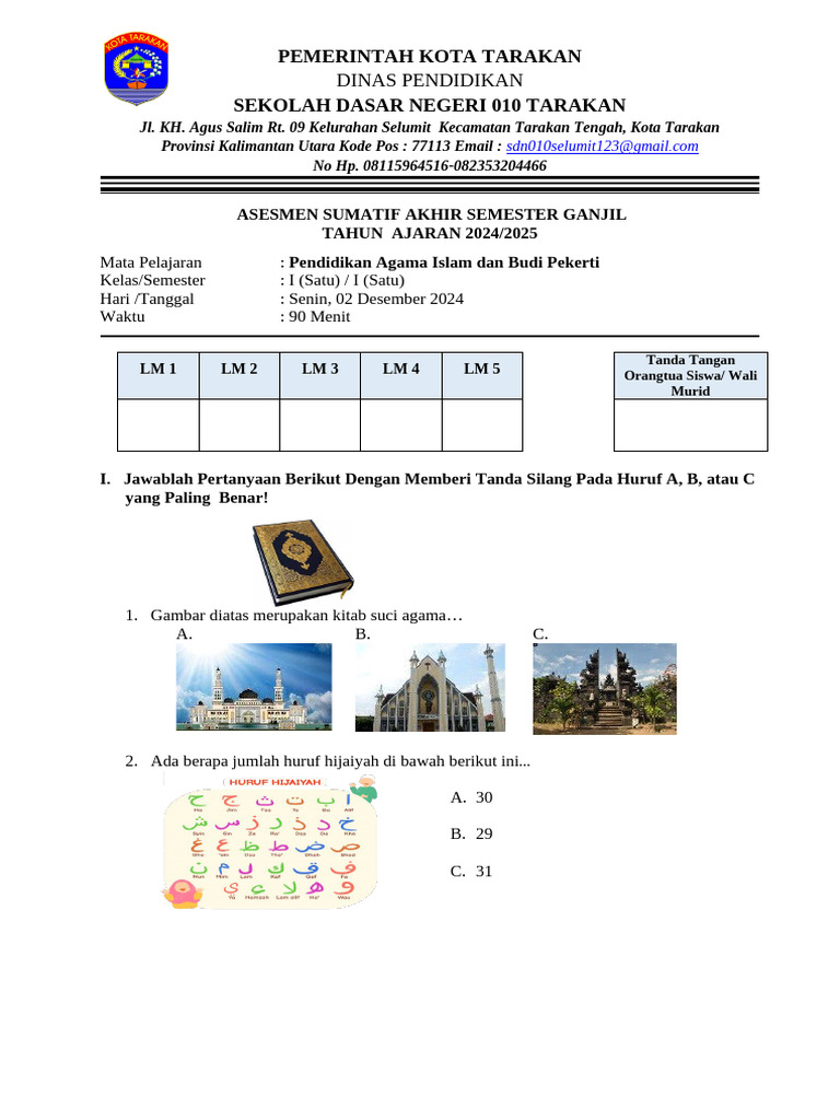 SOAL SAS KELAS 1 GANJIL 2024 | PDF