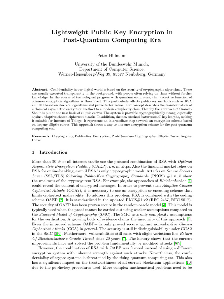 Lightweight Public Key Encryption in Post-Quantum Computing Era | PDF | Public Key Cryptography ...