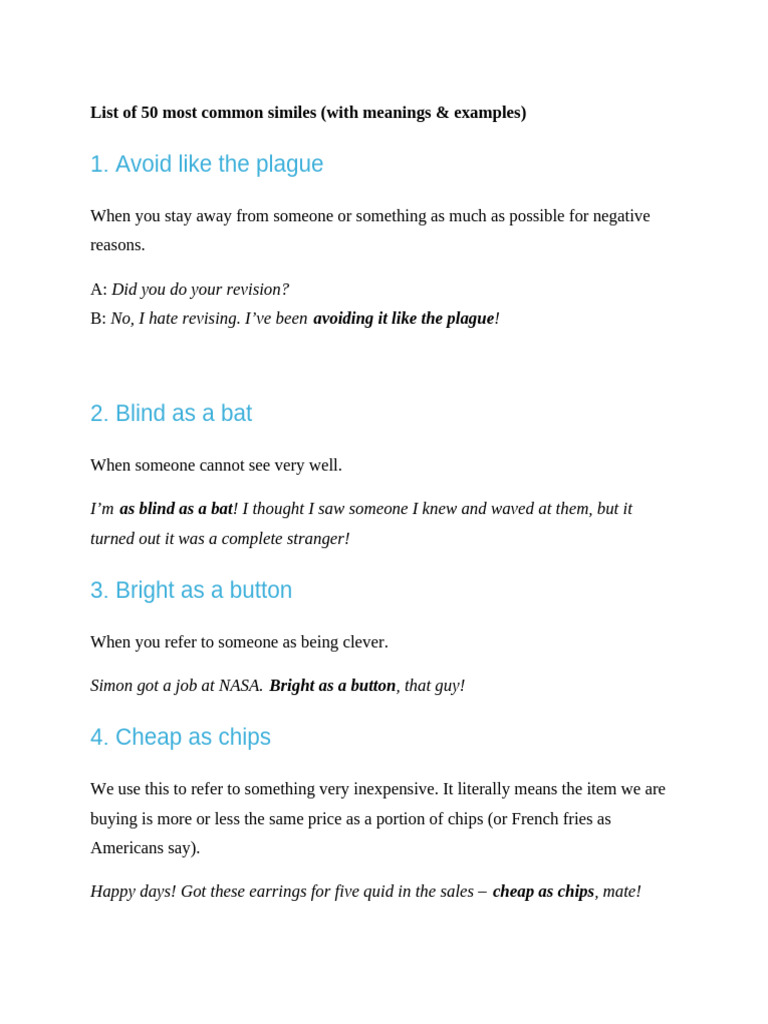 List of 50 Most Common Similes | PDF